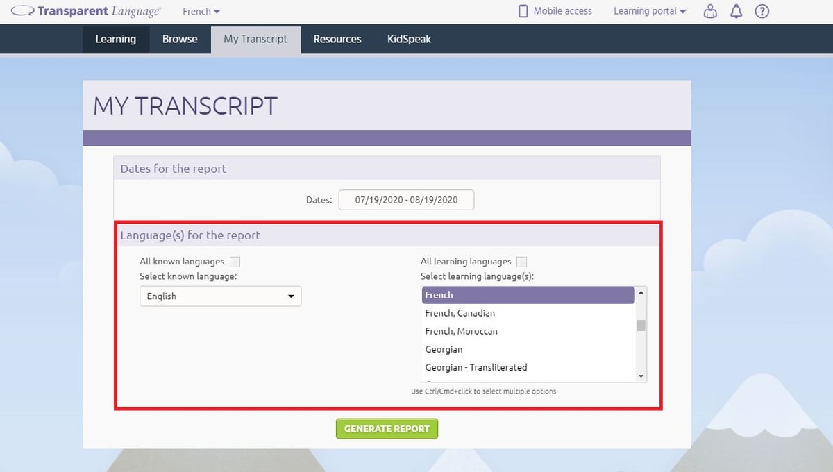 Running a My Transcript report