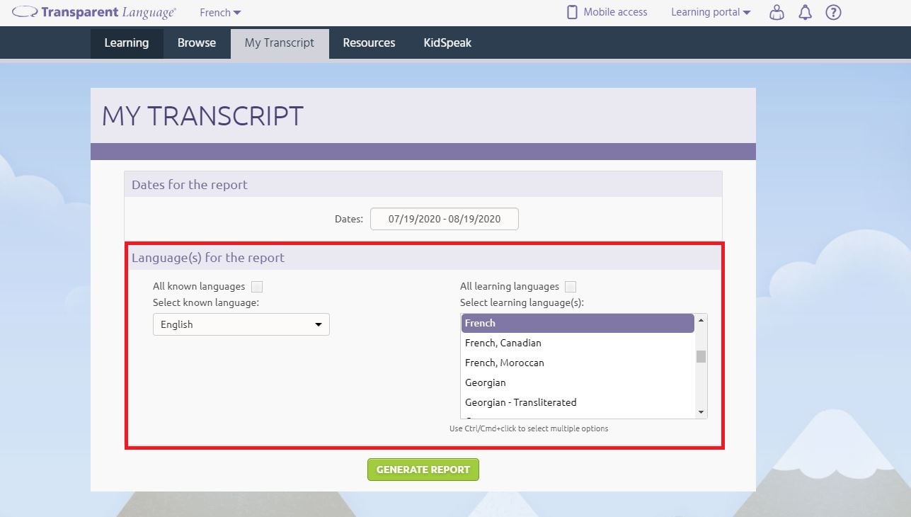 Running a My Transcript report