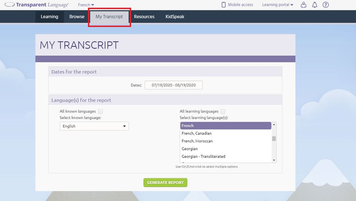 Running a My Transcript report