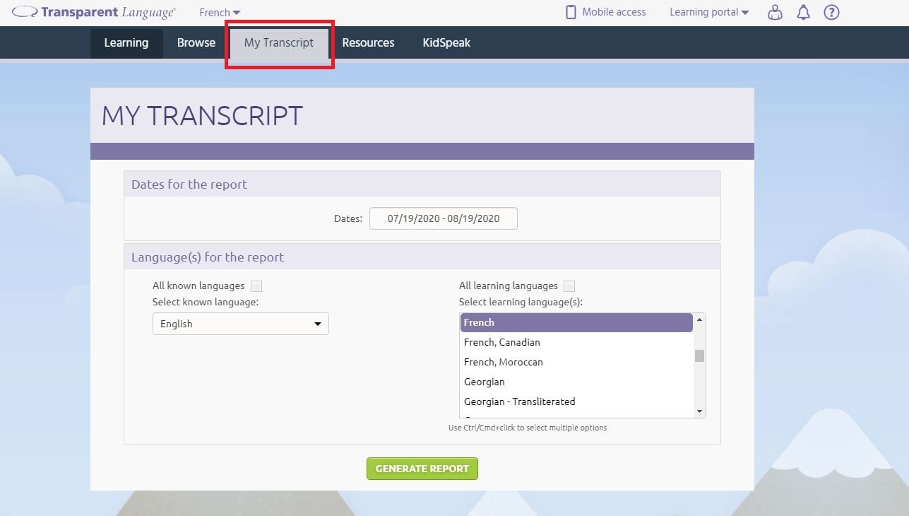 Running a My Transcript report